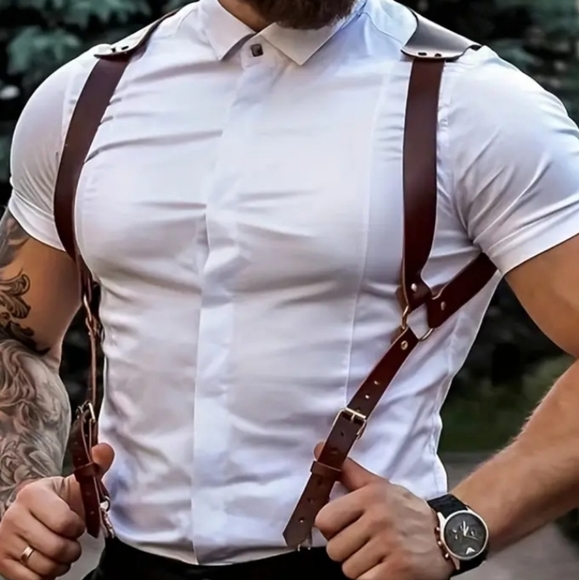 Accessories | Mens Cross Back Body Brown Vegan Leather Suspenders ...